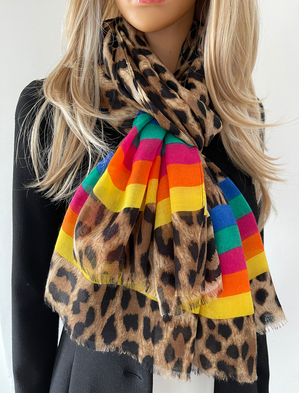 A-SHU LARGE LEOPARD PRINT SHAWL SCARF WITH MULTI COLOUR RAINBOW STRIPES ...