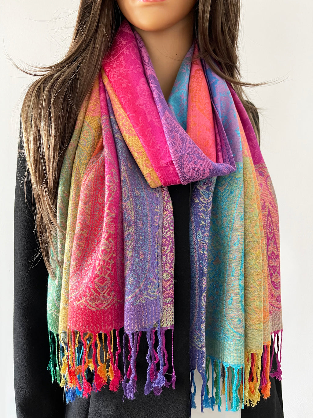 A-SHU LARGE LIGHT MULTI-COLOUR PINK PAISLEY PRINT PASHMINA SHAWL SCARF ...